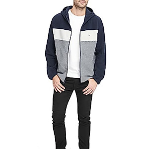 Tommy Hilfiger Men's Hooded Polar Fleece Jacket, Navy/White/Light Grey, Large