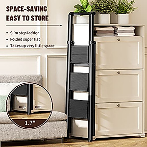 3 Step Ladder, Folding Step Stool with Wide Anti-Slip and Sturdy Pedal, Convenient Handgrip, Aluminum Lightweight Portable Step Stool for Adults Multi-Use for Home and Kitchen, Black, 330 lbs