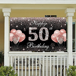 HTDZZI 50th Birthday Banner Backdrop, Happy 50th Birthday Decorations for Women Rose Gold, Fabulous 50 Year Old Birthday Party Yard Sign Photo Booth Props Background Decor Supplies, Fabric
