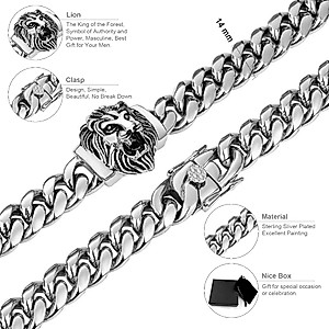 W/W Lifetime Cuban Link Chain for Men Lion Choker Hip Hop Silver Necklace 18",20" Jewelry, 14mm Polishing Stainless Steel