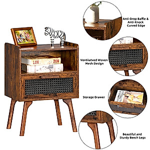 Lerliuo Rattan Nightstand, Side Table with Drawer Open Shelf, Cane Accent Bedside End Table with Solid Wood Legs, Mid Century Modern Night Stand for Bedroom, Dorm and Small Spaces (Brown)