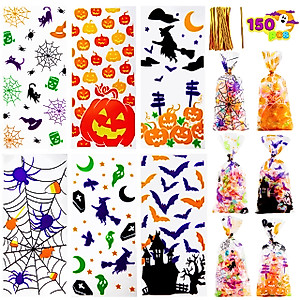 JOYIN 150 PCS Halloween Cellophane Candy Bags Clear Treat Bags with Twist Ties, Trick or Treating Bags, Halloween Goodie Bags Non Candy Cookie Bags for Kids Halloween Party Favors Supplies