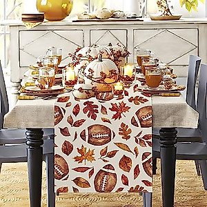 Fall Table Runner 13x72 Inch,Football with Maple Leaves Table Decors for Seasonal Harvest Autumn Thanksgiving Farmhouse Home Kitchen Dining Party