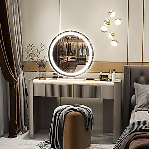 Vierose 20 inch Large Vanity Makeup Mirror with Lights, 3 Color Lighting Modes | Round Lighted Up Makeup Mirror with Dimming LED Halo for Dressing Room & Bedroom Tabletop, Touch Control (White)