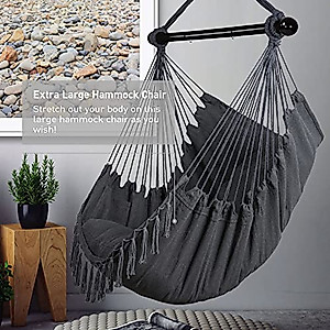 SUNCREAT Hammock Chairs Hammock Chair Swing with Steel Support Bar, Side Pocket, Large Swing Chair for Bedroom, Patio, Garden, Dark Gray