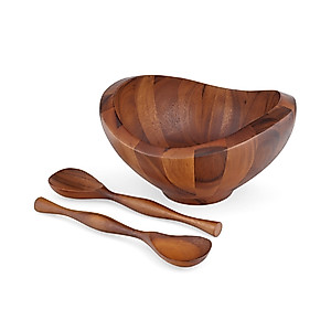 nambe Bella Salad Bowl with Servers | 3 Piece Wooden Salad Bowl Set with Serving Utensils | Acacia Wood Salad Tosser and Fruit Bowl | Housewarming Gift with Gift Box