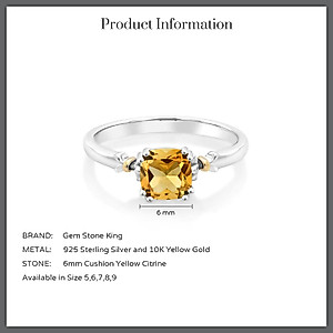 Gem Stone King 925 Sterling Silver and 10K Yellow Gold 6MM Cushion Cut Gemstone Birthstone Engagement Ring | Wedding Anniversary Promise Ring For Women | Available In Size 5, 6, 7, 8, 9