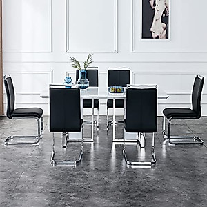 Dining Room Table Set for 6,Modern 71 Inch Rectangular Dining Table For 6-8 Persons,With 6 Black Faux Leather Upholstered High-Back Dining Chairs For Dining Room / Kitchen (Table + 6 Black Chair)