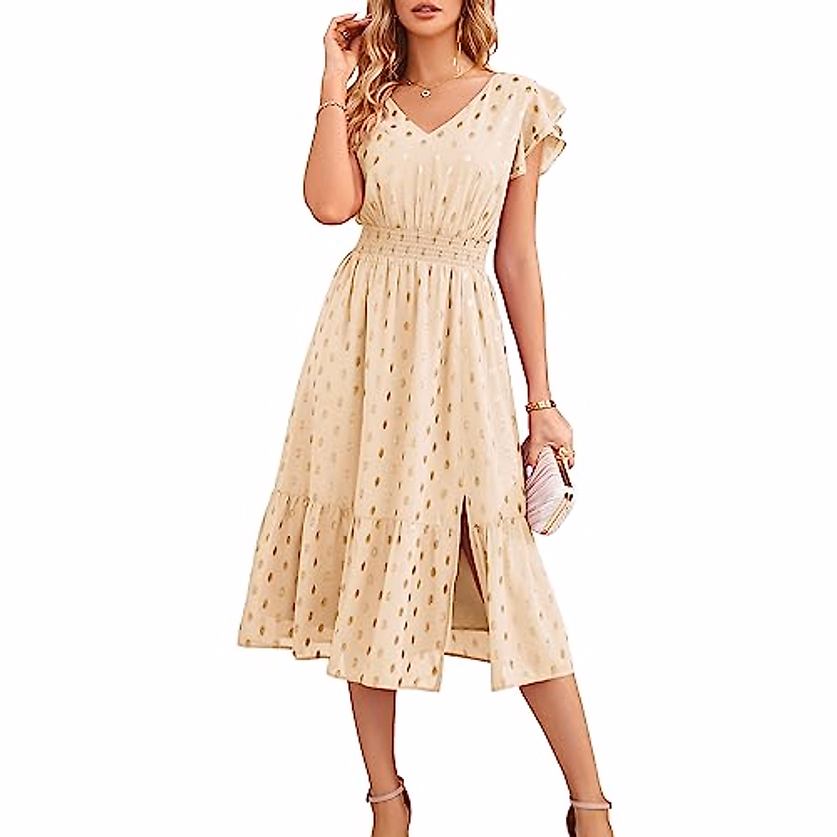 Womens Summer Dresses 2023 V Neck Ruffle Sleeve Polka Dot Dress A-Line Flowy Split Tiered Party Wedding Guest Dress Beige Dress L