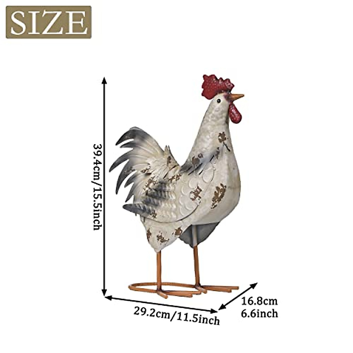 TERESA'S COLLECTIONS Farmhouse Metal Rooster Garden Statues Decor, 15 Inch Rustic Outdoor Chicken Sculpture Figurines Yard Art for Farm Patio Lawn Kitchen Decorations