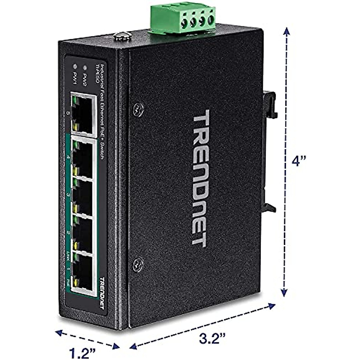 TRENDnet 5-Port Industrial Fast Ethernet DIN-Rail Switch, 4 x Fast Ethernet PoE+ Ports, 1 x Fast Ethernet Port, 90W PoE Power Budget, DIN-Rail, IP30 Rated, Lifetime Protection, Black, TI-PE50