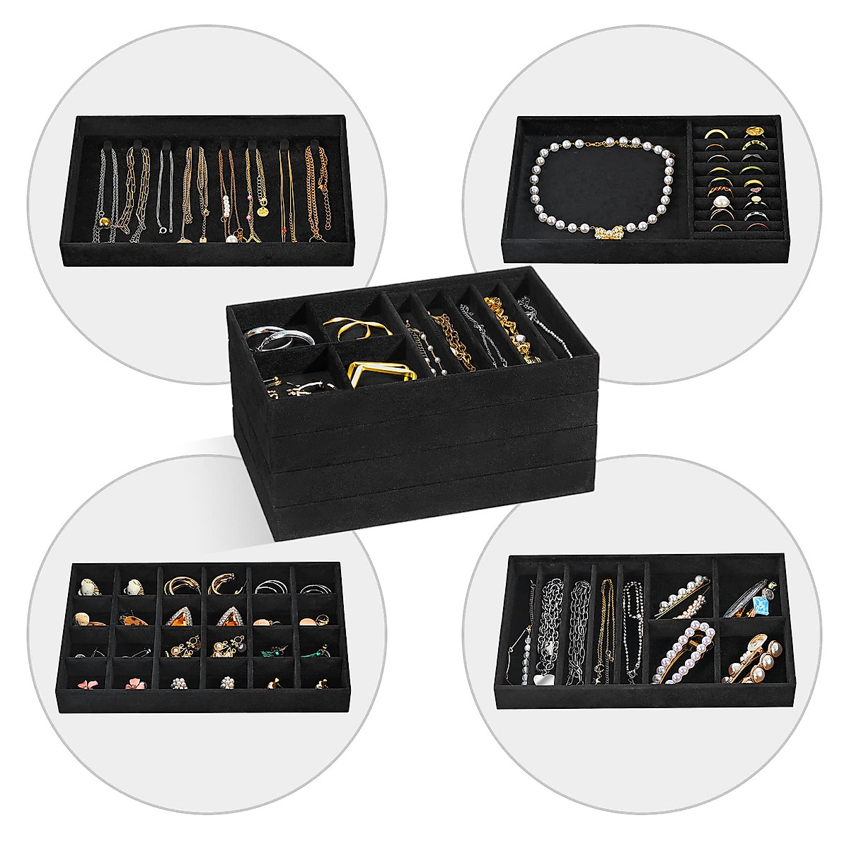 ProCase Stackable Jewelry Organizer Trays for Drawers, Jewelry Drawer Inserts Container Display Case Storage for Earring Necklace Rings Bracelet with Removable Dividers -Allblack, 4 Layers