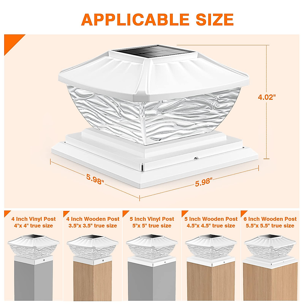 SOLLUCIS Solar Post Cap Lights, Large 8 LEDs 2 Modes Fence Post Solar Lights Outdoor Waterproof for 4x4 5x5 6x6 Vinyl Wooden Deck Fence Posts Patio Garden Decor, Warm/Cool White (6 Pack, White)