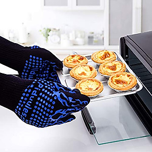 Piduules BBQ Grill Gloves, 1472°F Heat Resistant Non-Slip Grill Mitt with Elastic Cuff for Frying, Barbeque, Cooking, Baking, Oven, Cutting,14 Inch (Blue)