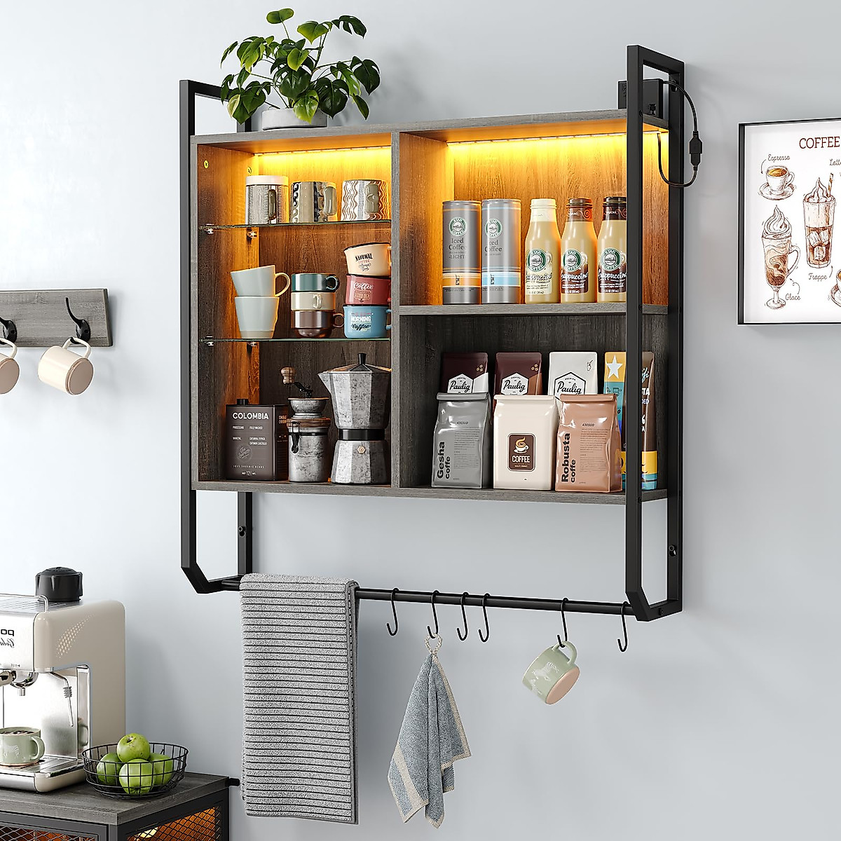 Furnihold Floating Shelves for Wall, 34'' LED Display Shelves Wall Mounted with Adjustable Glass Shelf, 3 Tier Wood Hanging Shelves with 6 Hooks, Gaming Room Shlef, Kitchen Coffee Bar, Charcoal Black