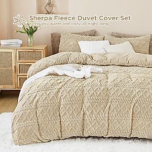 Andency Beige Cream Fleece Duvet Cover Set King Size, 3 Pieces Boho Flannel Fuzzy Fluffy Faux Fur Comforter Cover for Winter, Soft Shaggy Plush Cozy Sherpa Bedding Set