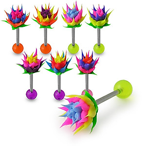 10 Pieces of Spikey Silicone Flower Tongue Barbell. 14Gx9/16(1.6x14MM) Surgical Steel Barbellwith 6MM Silicone Ball and 6MM UV Ball Tongue Ring.