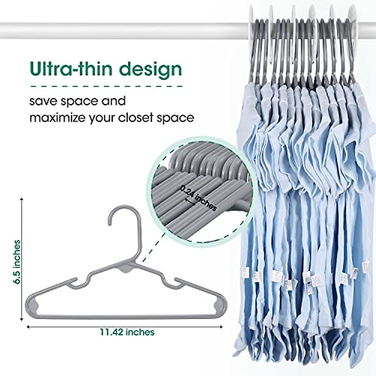 Minnebaby Plastic Baby Hangers 60 Pack, Ultra Thin No Slip Infant Nursery Clothes Hangers with 6 Pcs Cute Clothing Dividers for Boys & Girls Closet Organizer, Gray Kids Hangers