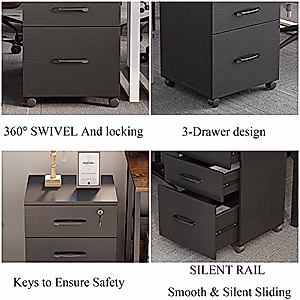 YQ JENMW File Cabinet 3 Drawers with 1 Lock, Wooden Rolling Mobile Filing Cabinet, Under Desk File Cabinet with Wheels, Removable File Cabinet for Home Office,Office Storage Cabinet Under Desk,Black