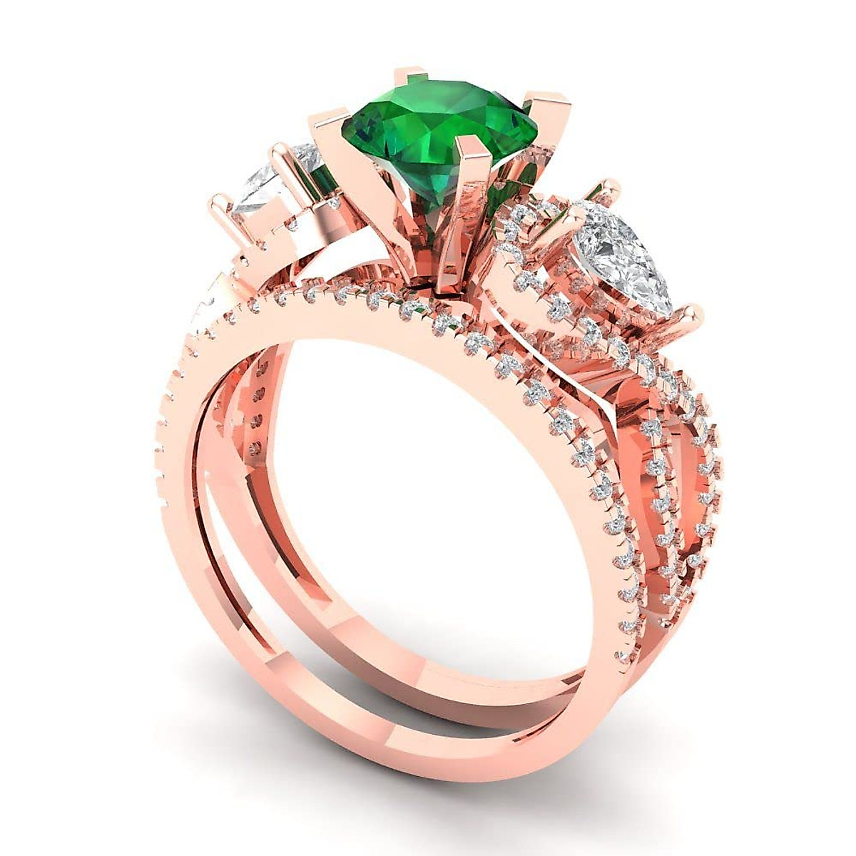 Clara Pucci 2ct Round Cut Solitaire 3 stone Simulated Emerald Engagement Promise Anniversary Bridal Ring Band set 14k Rose Gold 8.25