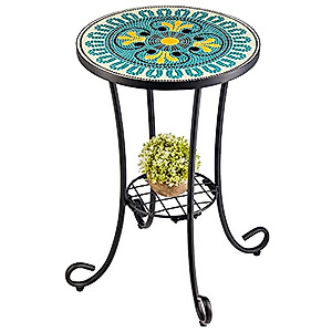 VONLUCE Patio Side Table and Plant Stand, 21" End Table with 14" Ceramic Tile Top for Porch Garden Decor, Indoor and Outdoor Mosaic Table, Living Room Bedroom Balcony Furniture for Home Garden, French