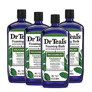 Dr Teal's Foaming Bath with Pure Epsom Salt, Relax & Relief with Eucalyptus & Spearmint, 34 fl oz (Pack of 4) (Packaging May Vary)