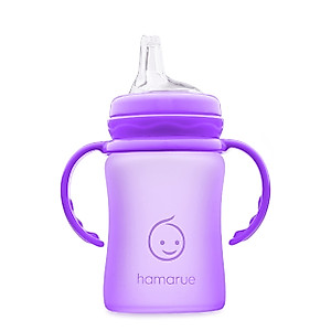 Hamarue 3-in-1 Glass Sippy Cups for Toddlers | Silicone Coated Glass Baby Bottles | Non-Toxic Transition Cup for Baby with Removeable Handles | Baby Straw Cup NB+,3M,6M,12M (Purple, 5 oz)