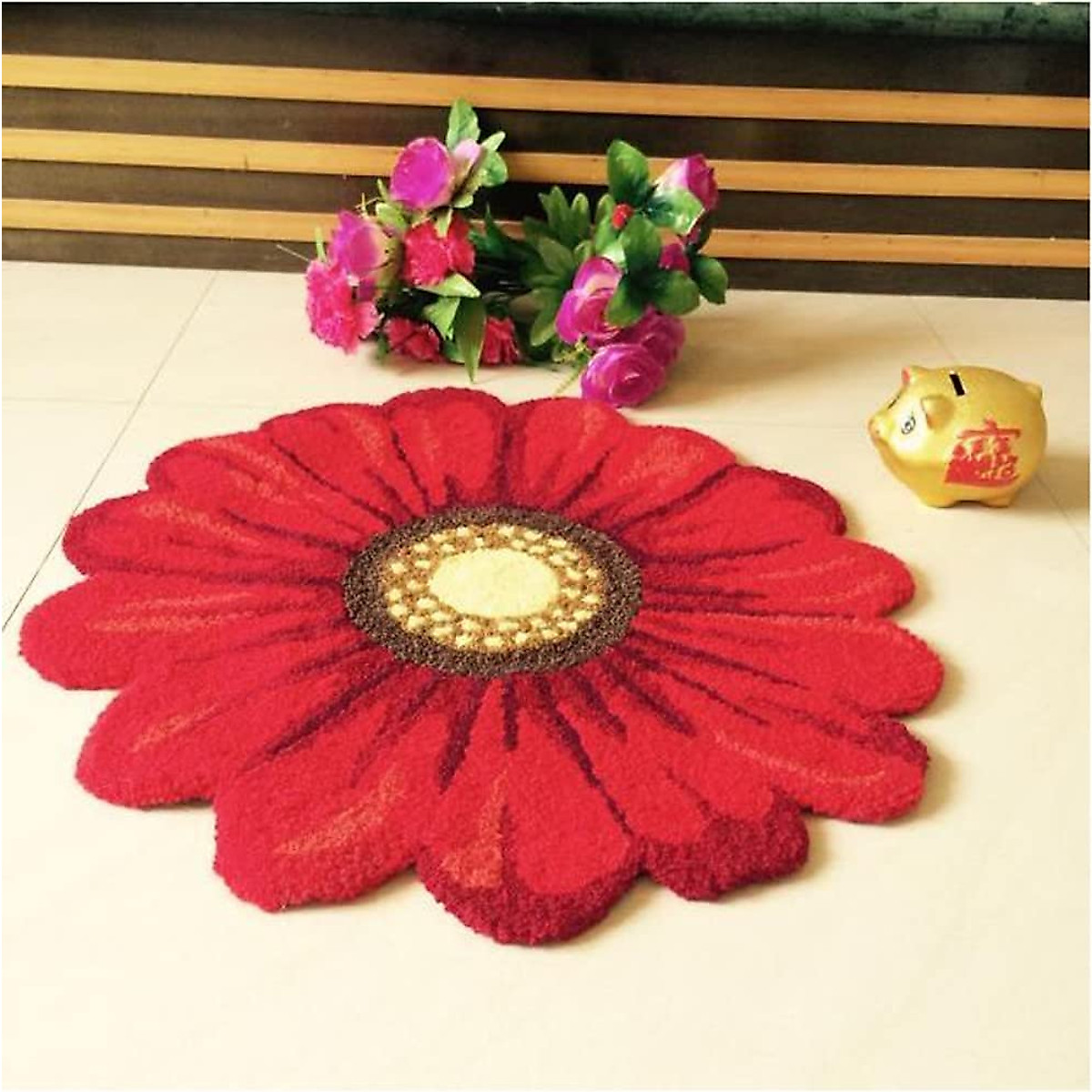 Judy Dre am Red Sunflower Shape Area Rug Hand Woven Floral Round Rugs for Bedroom Kitchen Bathroom Living Room Washable Bath Mat for Christmas Party Dec