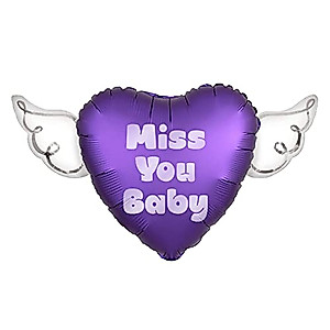 Miss You Baby Heavenly Balloons heart shaped with angel wings (Purple)