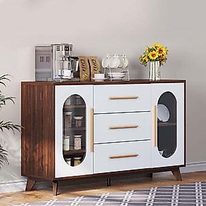 DWVO Storage Cabinet, 59'' Sideboard Buffet Cabinet with Storage, Coffee Bar Cabinet with 3 Drawers, 2 Glass Doors, Capacity 300 lbs, Credenza for Kitchen, Living Room, White Brown