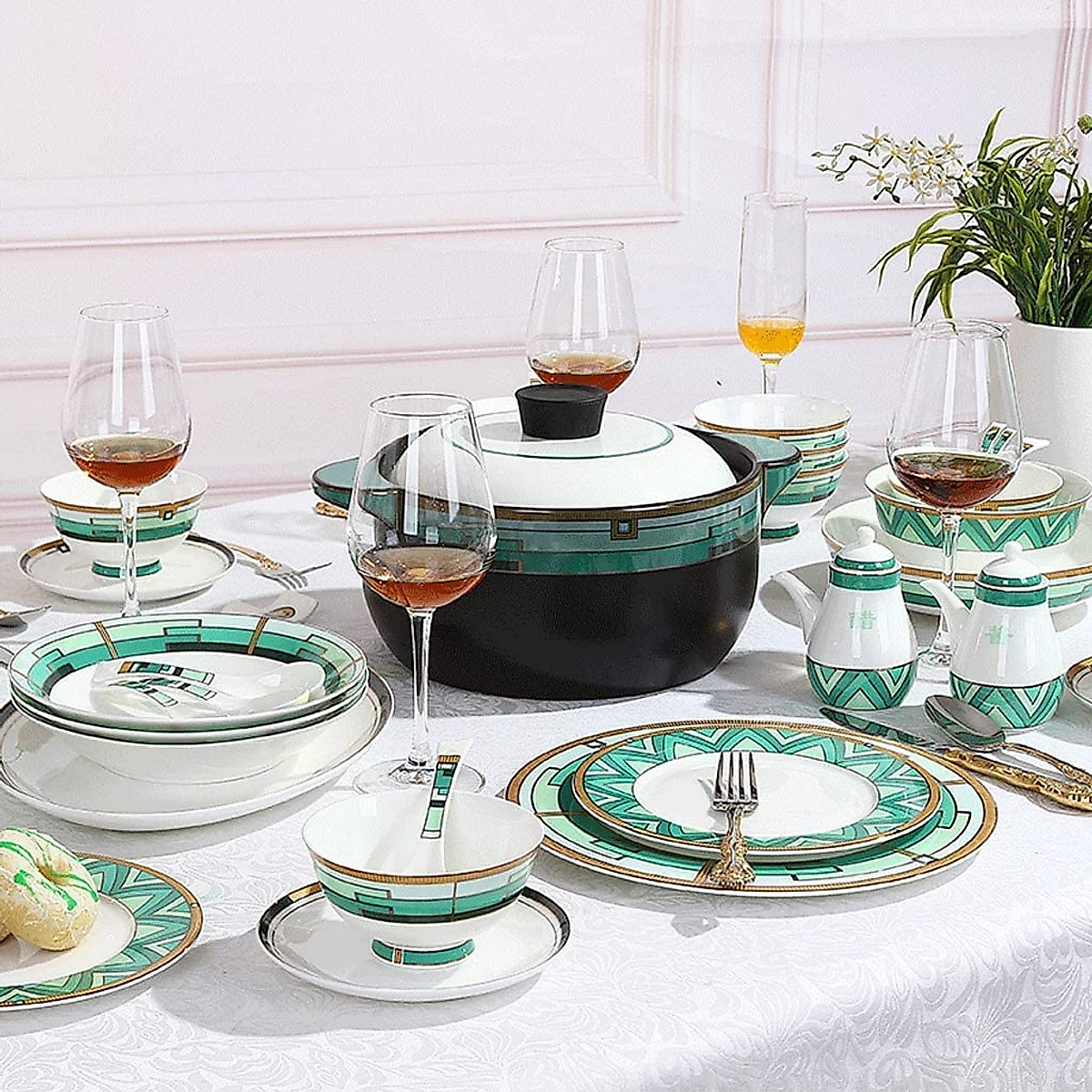 Tabletop Dinner SetsHome Tableware Set Ceramics Dinner Sets, Plate/Bowl/Soup Pot | 62 Pieces Upscale Bone China Dinnerware Set - Green Pattern Porcelain Combination Set for Restaurant