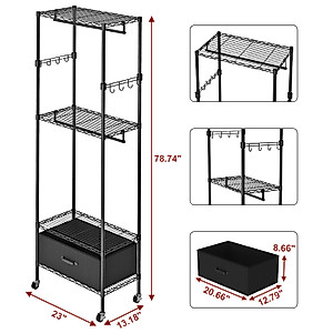 VyGrow Clothes Rack, Clothing Rack for Hanging Clothes, Kids Clothes Rack, 4 Tiers Adjustable Closet Organizer with Drawer | Double Rods | Side Hooks | Load 445lbs | 23" L x 13.18" W x 78.74" H