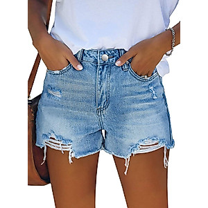 MINGALONDON Women's Casual Mid Waist Denim Cutoff Frayed Hem Stretchy Jean Shorts Light Blue S