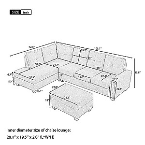 UBGO Living Room Furniture Sets,108" Reversible Sectional, L-shape Couch with Ottoman&Extra Wide Chaise Longue,Upholstered Modular Sofa with Two Cup Holders,for Large Space Apartments-Gray, Grey D