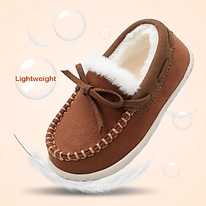 Scurtain Unisex Kids Toddler Slippers Suede Moccasin Slippers for Boys Girls Baby Lined with Warm Fur Slippers for Toddler Girls Solid Brown 8.5 Toddler