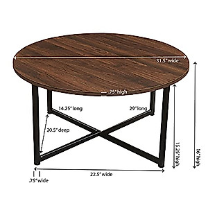 Household Essentials Jamestown Round Coffee Table Mid Century Walnut Wood Grain and Black Metal