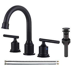 WOWOW 2 Handle Bathroom Faucet Matte Black Bathroom Sink Faucet Widespread Faucet with Pop Up Drain Brass Bathroom Faucet 3 Hole Vanity Faucet 8 Inch Basin Faucet