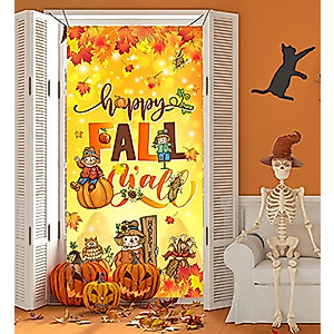 Fall Porch Decorations-Scarecrow Happy Fall Door Cover Thanksgiving Maple Leaves Pumpkin Banner Photo Background for Autumn Decor