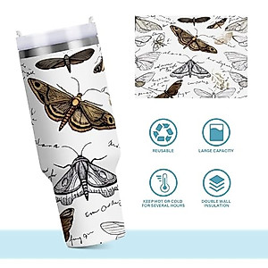 RPLIFE Various Insects White Tumbler with Handle and Straw, Stainless Steel Cup, Insulated Cup with Straw, Coffee Tumbler for Women