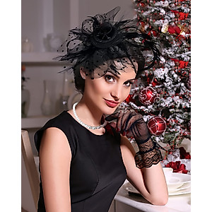 1920s Black Fascinators Hat Set for Women Tea Party Headband Lace Gloves Pearl Jewelry Set Cocktail Tea Party Banquet Wedding Halloween Retro Tiara