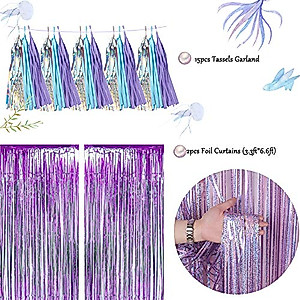 Mermaid Party Supplies,Girls Birthday Party Decorations, Contain a Mermaid Banner, 9 Tissue Pom Poms, 2 Foil Curtains, 12 Cupcake Toppers and Balloons, Great for Girls Birthday Party