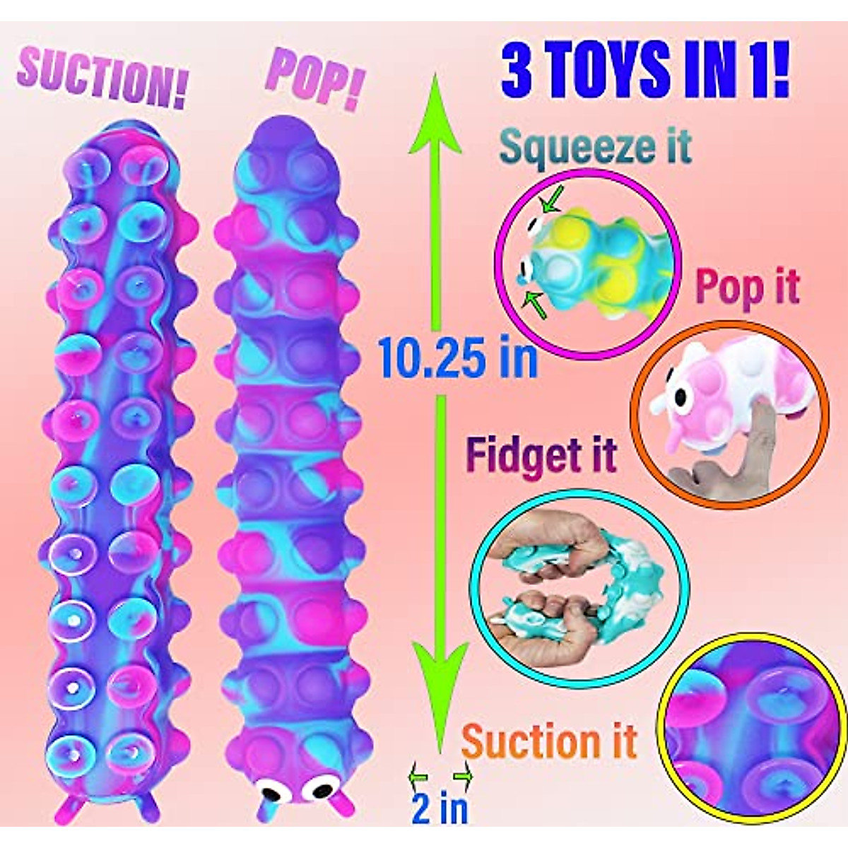 KINIA Squidopop Pop It Baby Toddler Suction Bath Toys Child Fidget Sensory Toy Caterpillar Animal Fidgets (4 Pack, Pop It Squidopop)