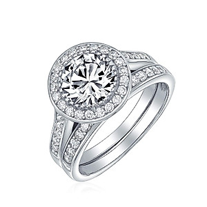 Circlet Art Dec Style 3CT Round Solitaire AAA CZ Halo Pave Band Inset Guard Enhancers Anniversary Engagement Wedding Ring Set For Women .925 Sterling Silver