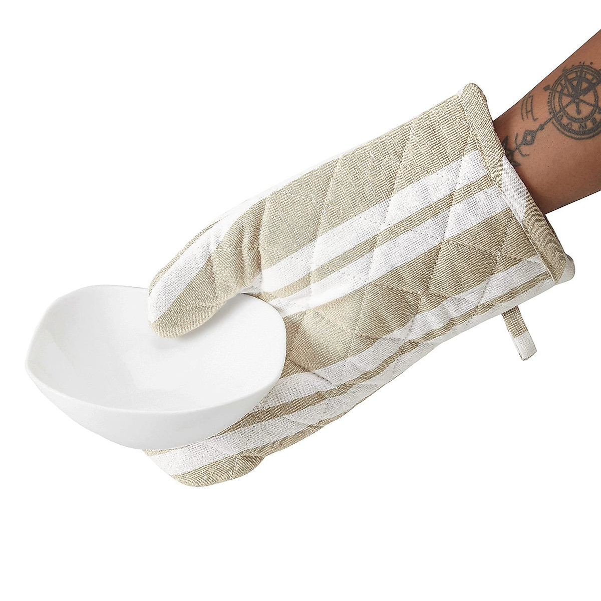 Encasa Homes Long 14 inch Oven Microwave Hand Gloves Mitts (2 pc Set) for Kitchen Cooking & Baking - Heat Resistant, Thick & Safe, Protection of Hands from Hot Utensils - Franca Beige Stripes