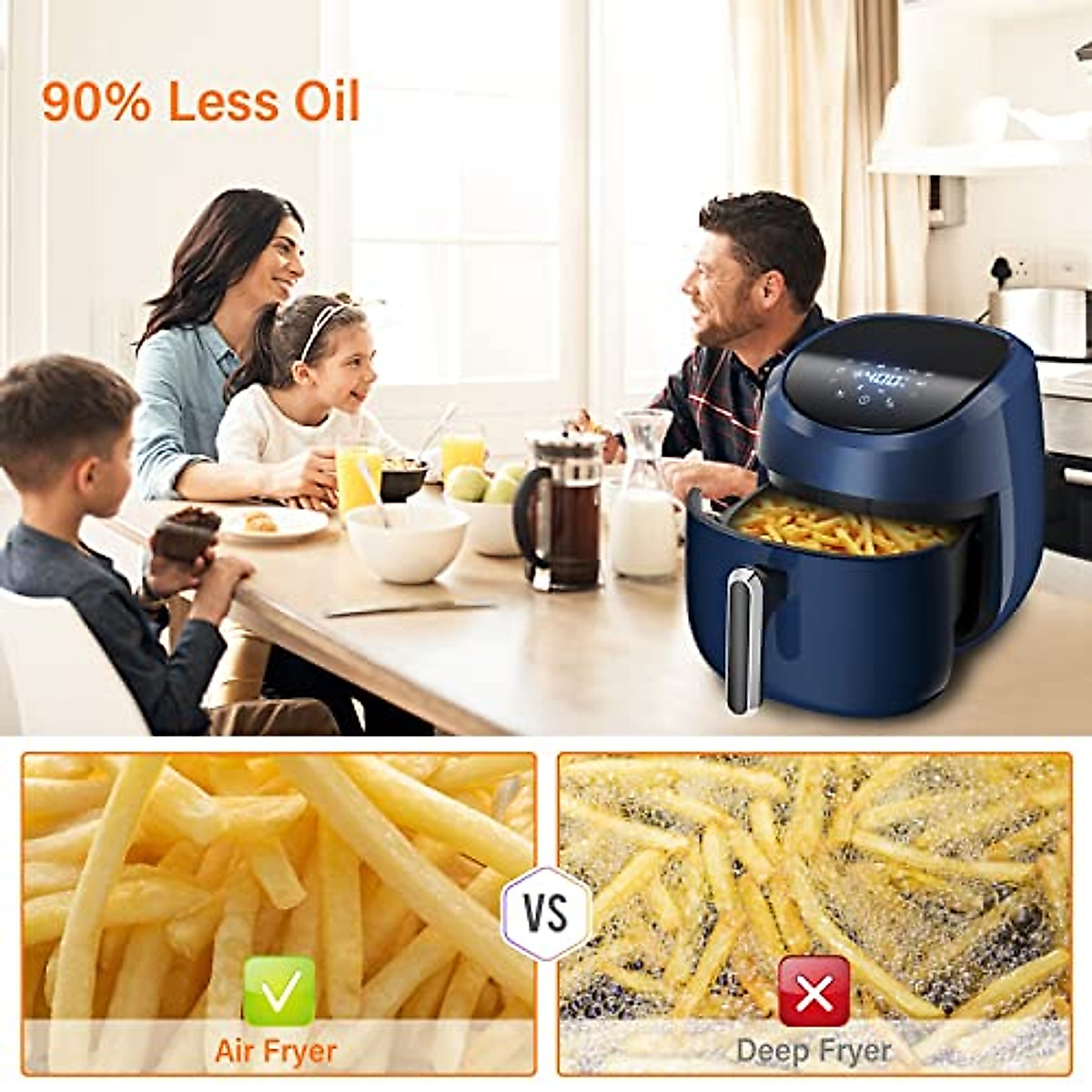 VILIWIN 4.5 QT, Digital Cooker 8 Preset Menus 1400W Hot air fryer 90% Oilless Navy Blue