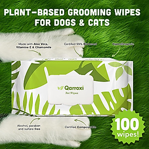 Qarroxi Pet Supplies Plant-Base Grooming Wipes for Ears,Face,Paws,Butt,Body and Eye-Multipurpose Hypoallergenic Dog Wipes 100 Count