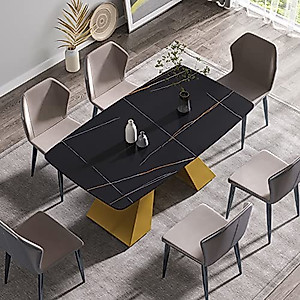 Modern Kitchen Dining Table, 63" Rectangular Sintered Stone Tabletop Dining Table with Gold Carbon Steel Table Legs, Kitchen Table Dining Room Table for Dining Room Living Room, Black(Without Chairs)