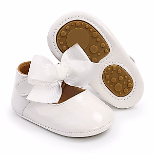Babelvit Baby Girls Premium Bowknot Mary Jane Flats Wedding Princess Dress Baptism Shoes Rubber Sole PU Leather Infant Toddler First Walking Moccasins Crib Shoes