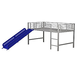 DHP Junior Twin Metal Loft Bed with Slide, Multifunctional Design, Silver with Blue Slide