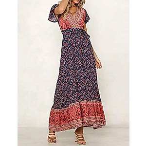 R.Vivimos Women's Summer Short Sleeve Floral Print Bohemian Beach Waist Tie Wrap Long Flowy Dress with Slit (XL, Dark Blue#2)